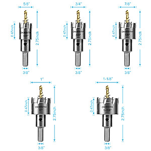 Carbide Hole Saw Kit, TCT Hole Saw Set Heavy Duty for 9 Precise Holes in Stainless Steel Hard Metal,Size 5/8” 3/4” 7/8” 1” 1-1/8” 1-1/4” 1-3/8” 1-1/2” 2”, 9 Extra Pilot Bits in Carrying Case