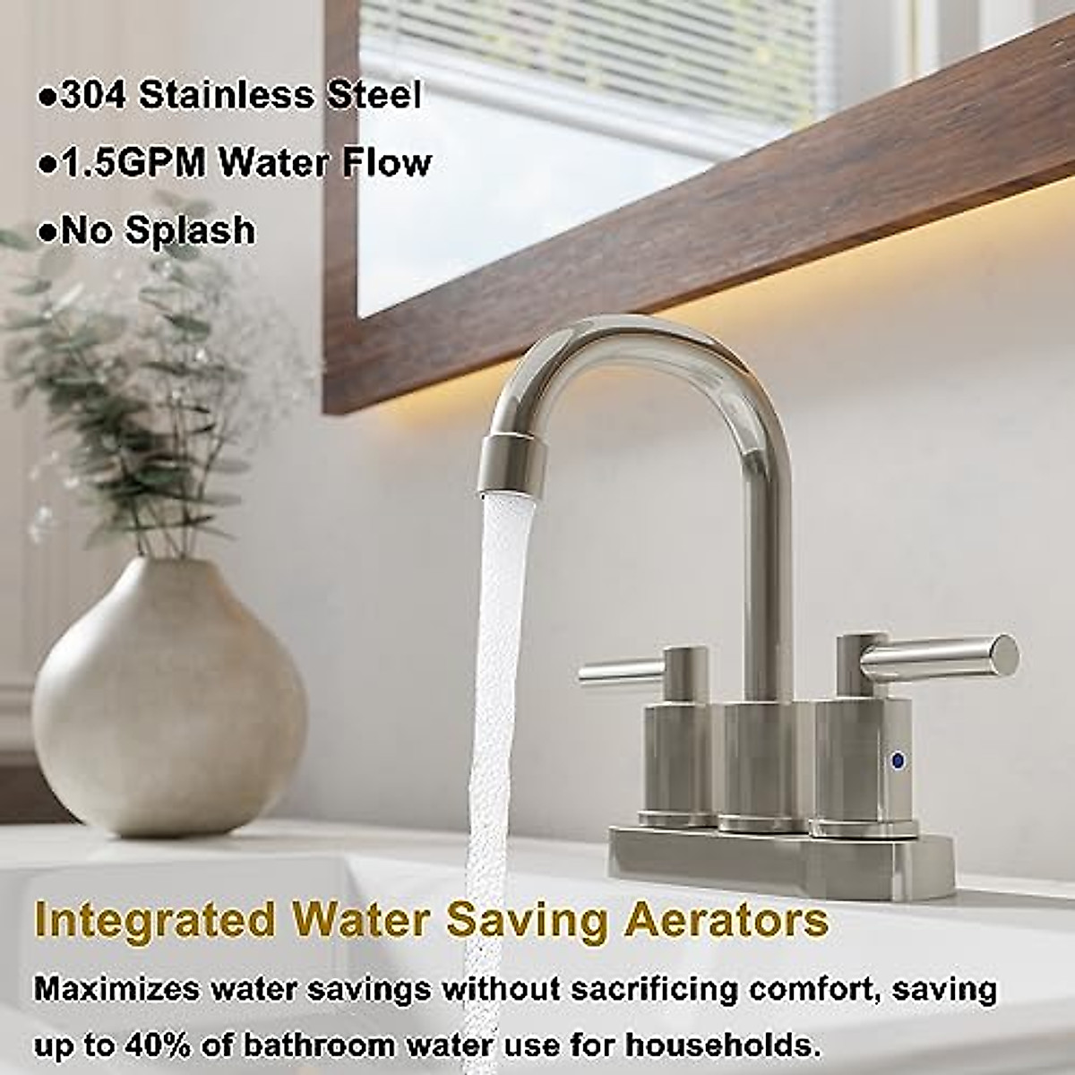 KPAIDA 4 in Centerset Bathroom Faucets for Sink 3 Hole, Brushed Nickel Bathroom Faucet with Pop-up Drain and 2 Supply Hoses, Stainless Steel 2 Lever Handles Centerset Faucet for Bathroom