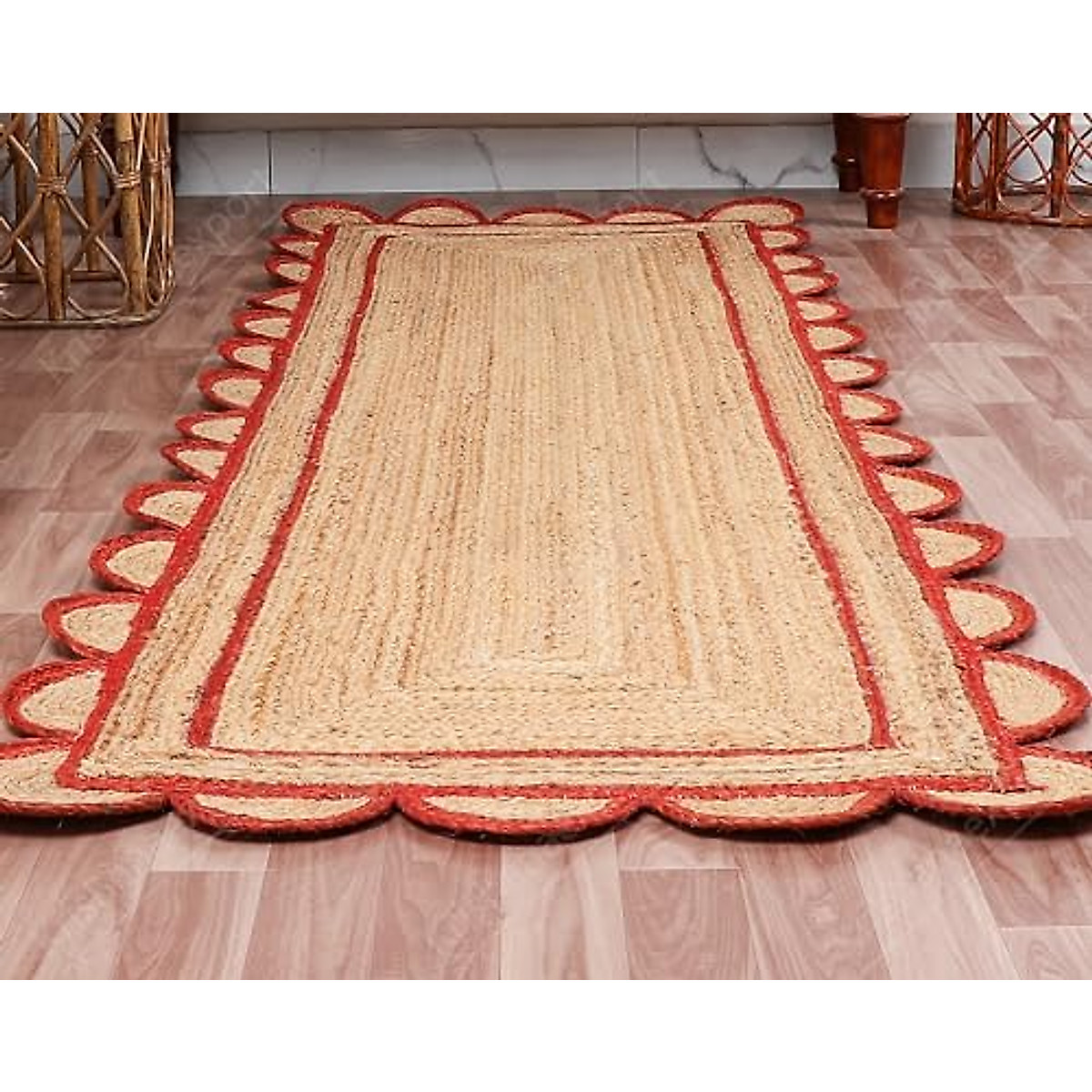 2x3, 2x4, 2x5, 2x6 Ft, Braided Scalloped Jute Rug, Red Scallop Rug, Boho Rug, Natural Jute Rug, Bohemian Rug, Jute Area Rug, Handwoven Jute Rug, Custom Size Rug (2x3 Ft, Area Rug)