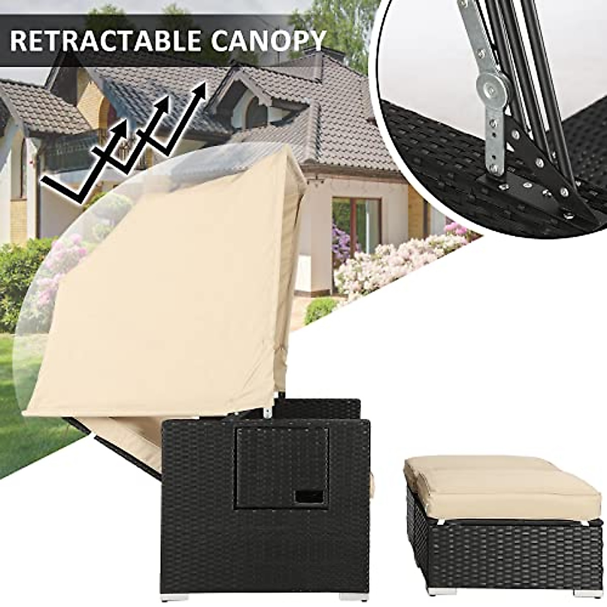 LEISU Outdoor Patio Furniture Sunbed with Retractable Canopy, PE Wicker Rattan Rectangle Sectional Sofa Set Clamshell Sectional Seating with Washable Cushions for Lawn Garden Backyard Poolside (Khaki)