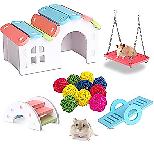DJun Hamster Rainbow Chew Toys Include House Bridge Swing Seesaw and 10 Colorful Rattan Balls, Pet Sport Exercise Toys Set, Guinea Pig Rat Chinchilla Cage Accessories for Small Animals (Style 1)