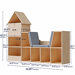 Cozy Castle 56.9" Wooden Kids Bookshelf with Reading Nook, Kids Bookcase with Detachable Cushions,Toy Storage Organizer with 9 Cubes and 2 Doors for Bedroom, Playroom, Oak