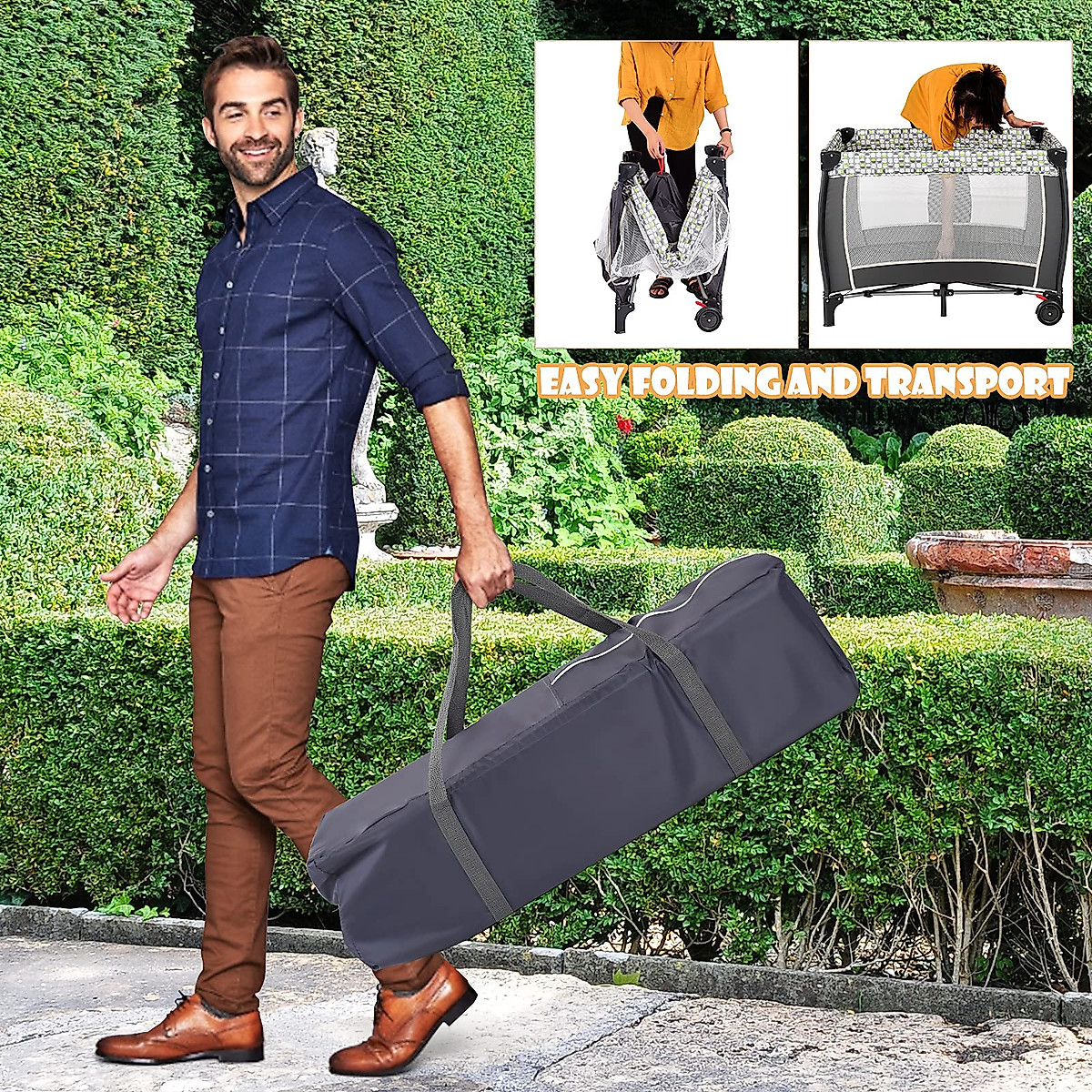 HONEY JOY Portable Baby Playard, 3-in-1 Pack and Play with Infant Bassinet, Diaper Changer & Toy Bar, Lockable Wheels, Toddler Play Yard w/Carry Bag Gray