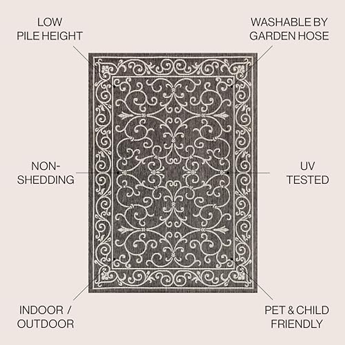 JONATHAN Y SMB106G-4 Charleston Vintage Filigree Textured Weave Indoor Outdoor-Rug LivingRoom Backyard,4 X 6,Black/Gray