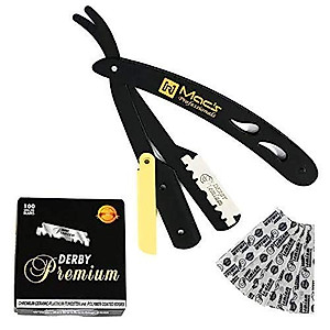 Black & Gold Combination Stainless Steel Barber Straight Edge Razor with Hi-Chromium Derby 100 Count Blades - Made of Platinum Stainless Steel - with Easy Blades Replacement Mechanism - Macs-045B1