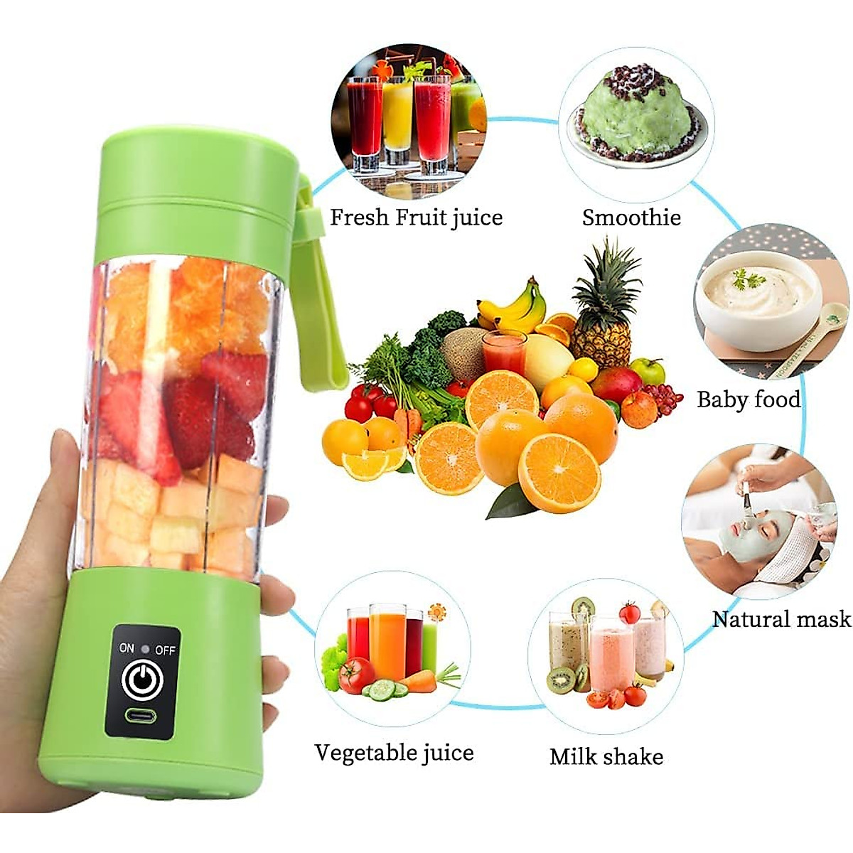 Portable Blender Mixer,Personal Juicer,Smoothies and Shakes Blender,HandCup Fruit Machine Blender 380 ML (Blue, Pink, Purple & Pink Color available) (Green)