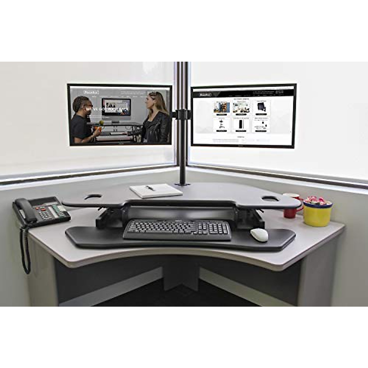 Rocelco 46" Height Adjustable Corner Standing Desk Converter with Dual Monitor Arm Mount BUNDLE - Sit Stand Up Computer Workstation Riser - Extra Large Keyboard Tray - Black (R CADRB-46-DM2)