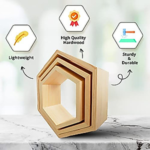 MRONextDay.com Set of 3 Wooden Wall Mounted Hexagon Floating Shelves, Hexagon Shelves Set for Kitchen, Living Room, Bedroom, Hexagon Shelves for Decorations (Honey Oak)