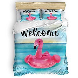 Queen Bedding Covers Set 4 Pieces, Pink Flamingos Soft Bedding Comforter Set, Welcome Summer Tropical Blue Beach All Season Bed Sheet Set with Duvet Cover, Fitted Sheet and Pillowcase