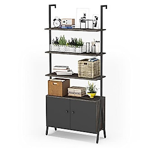 Usinso Wood Metal Ladder Bookshelf, Industrial 4-Tier Black Bookcase with Wide Storage Cabinet, Rustic Brown Bookshelf for Living Room, Shelves for Storage Bedroom, 30L x 13W x 70H Inch