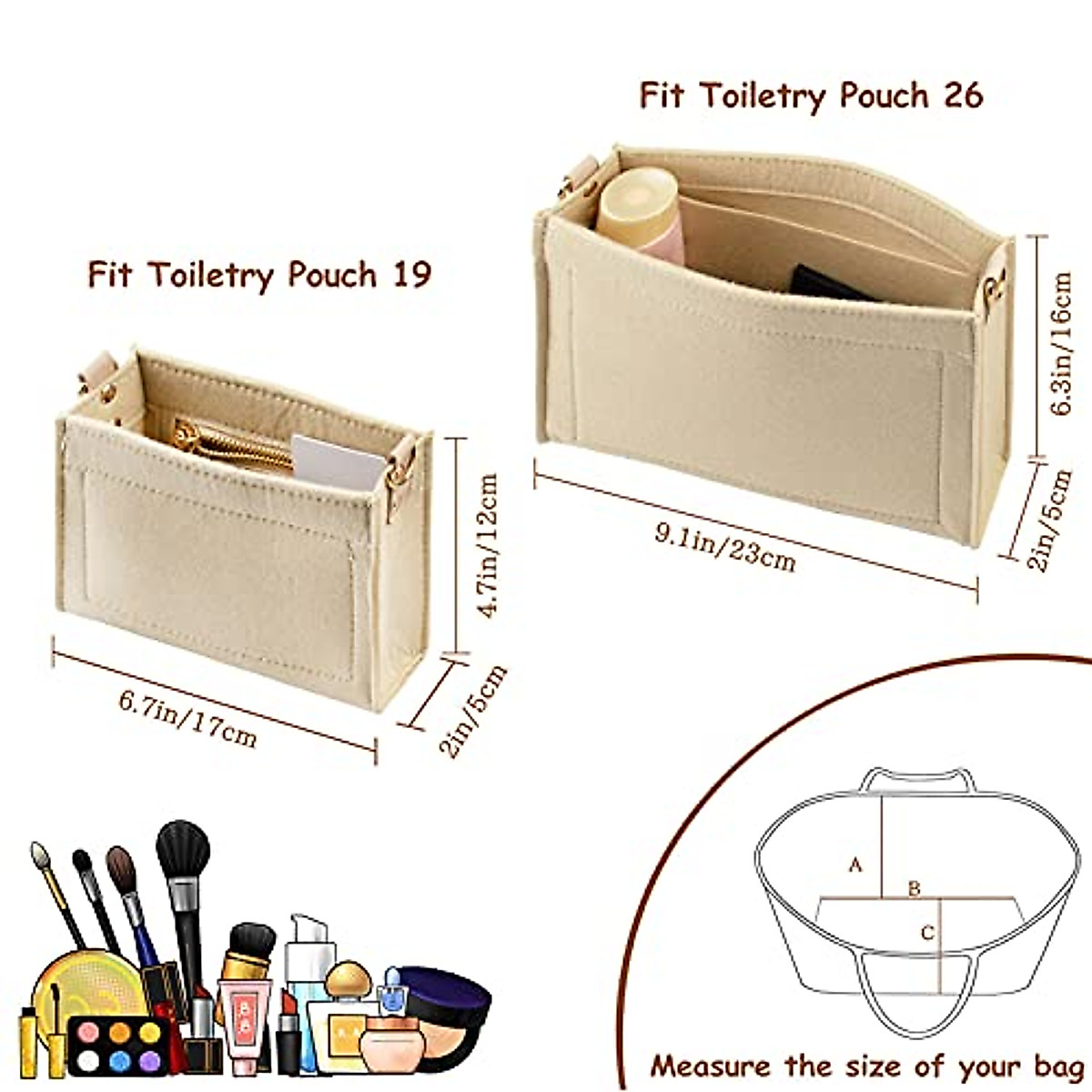 EsLuker.ly 2Pcs Felt Purse Organizer Insert with Zipper, Premium Microfiber Handbag Shaper Tote Bag Organiser Insert Fit Toiletry Pouch 26 19 - Large&Small, Khaki