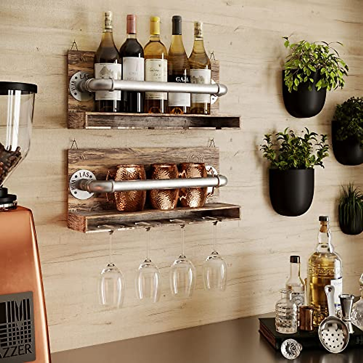 Barnyard Designs Wall Mounted Wine Rack - Bottle and Glass Holder - Hanging Wood and Metal Wine Rack Wall Mount for Bar and Kitchen Decor, 20.5" x 8.75"