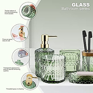 CYJJYZ 5Pcs Green Bathroom Accessories Complete Set,Includes Lotion Dispenser, Soap Dish, Toothbrush Holder, Tumbler, Cotton Swab Jars, Modern Bathroom Decor and Gift Set.
