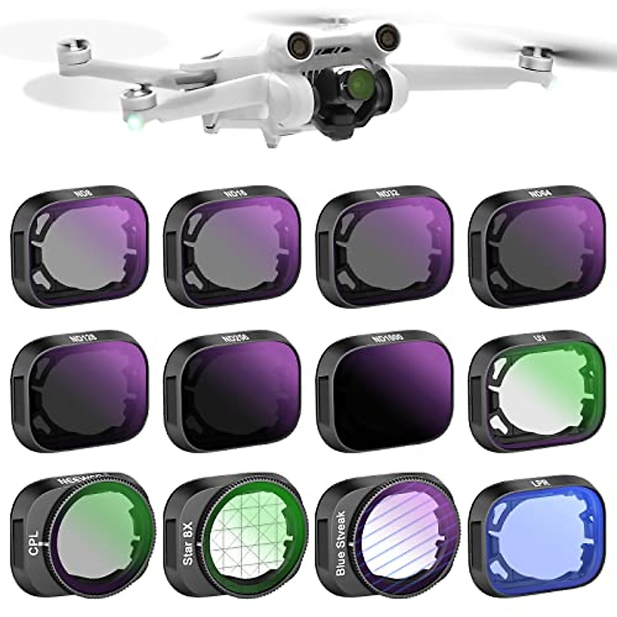 NEEWER Effects Filters and ND Filters Compatible with DJI Mini 3/Mini 3 Pro, 12 in 1 Includes ND8/16/32/64/128/256/ND1000/UV/CPL/Blue Streak Anamorphic/Light Pollution Reduction/Star Filters