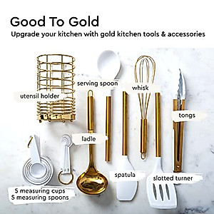 White Silicone and Gold Cooking Utensils Set with Gold Utensil Holder: 17PC Set Includes White & Gold Measuring Cups and Spoons Set,White Utensils Set,Gold Spatula,Gold Whisk -Gold Kitchen Accessories