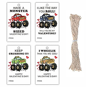 Valentine's Day Gift Tag, Car and Truck Theme Valentine Hang Tags with Strings(40 Pack), Happy Valentine's Day Hang Tags Gift Wrapping Decorations and Supplies for Boys Girls(QRJDP-003)