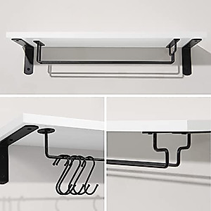 Afuly Wine Rack Wall with Glass Holder, 20 inch Long White Floating Shelf Wall Mounted for Stemware Liquor Bottles, Bathroom Wall Shelves with Towel Bar, Coffee Bar Shelves with 8 Hooks, Set of 2