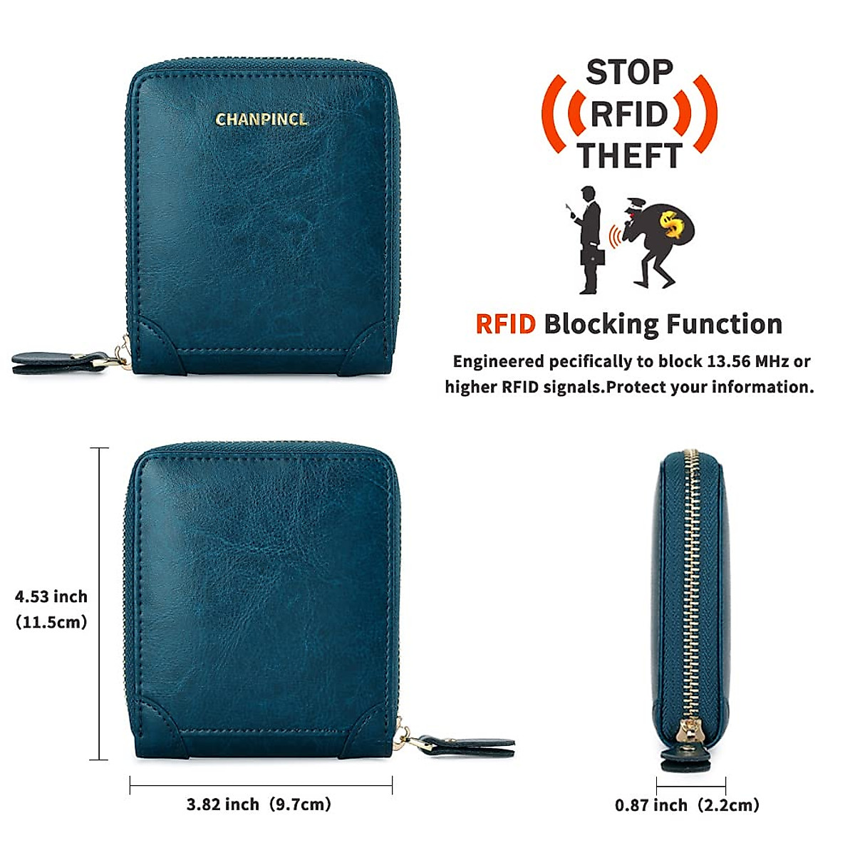 CHANPINCL RFID Wallets for women Genuine Leather Zipper Purses Secure Large Capacity Multi-card Clutch colourful Travel Wallets (Bule)