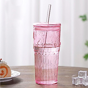 Glass Coffee Cups with Lids and Straws, 20 OZ Pink Iced Water Glasses Tumblers for Ice Juice, Tea, Milk, Smoothie and Cold or Hot Drinks, Set of 2