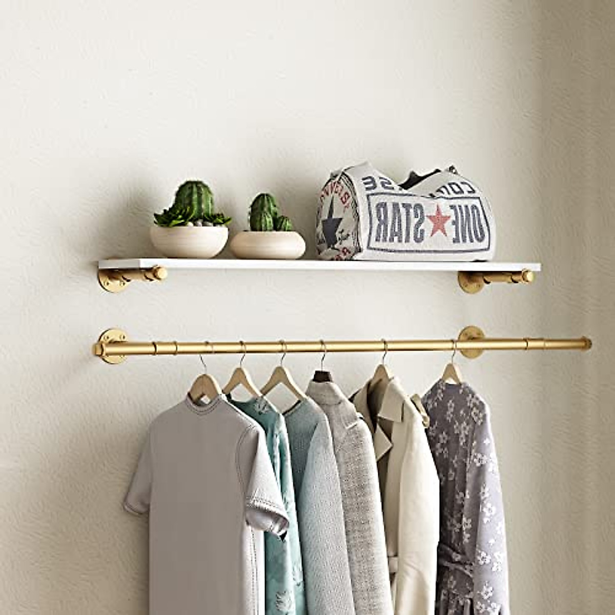 HOMEKAYT Gold Clothing Rack Wall Mounted Garment Rack with Wooden Shelves Set of 3 for Office Bedroom Living Room-GOLD