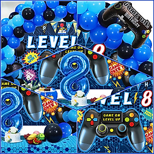 Vlipoeasn 90PCS 8th Birthday Video Game Party Decorations for Boys Set Blue 8th Birthday Supplies -8th Video Game Backdrop, Balloons, Tablecloth, Gamer and 8 Foil Balloons for 8th Birthday Party