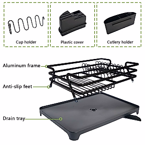 RTTRAO Luling Aluminum Dish Drying Rack, Rustproof Sink Dish Rack and Drainboard Set, Dish Drainer with Adjustable Swivel Spout, Removable Utensil Holder and Drainboard - Black