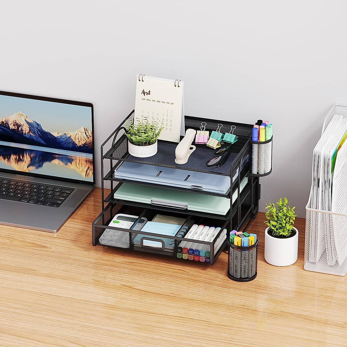 Marbrasse 4-Trays Desktop File Organizer with Pen Holder | Paper Letter Tray with Drawer and 2 Pen Holder | Mesh Office Supplies Desk Organizer for Home Office (Black)