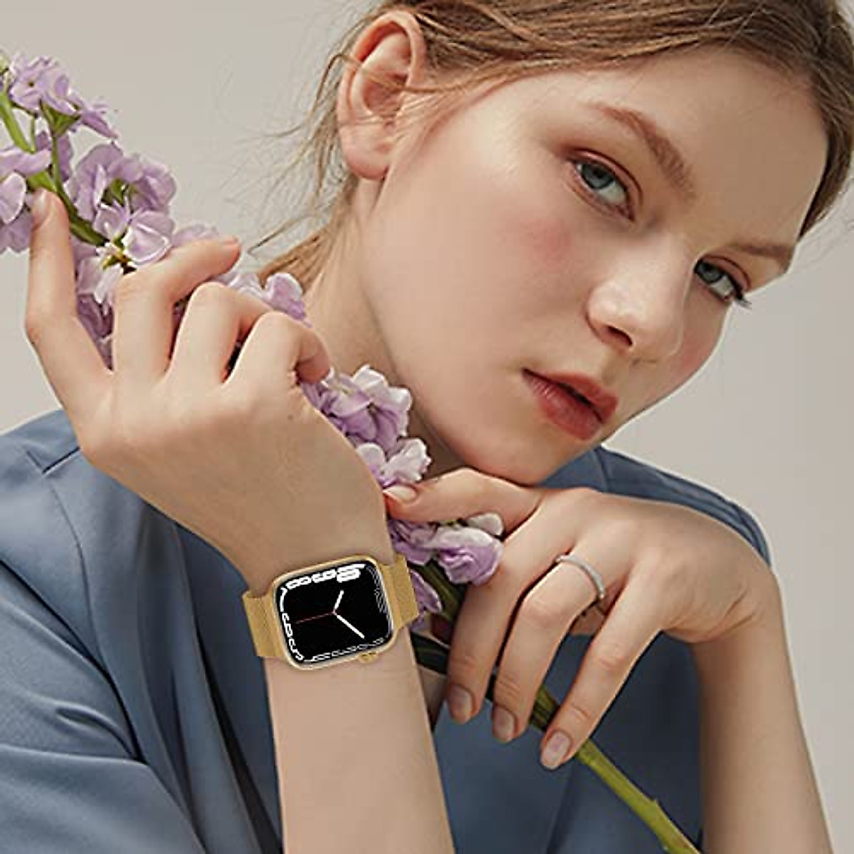 Metal Milanese Loop Band Compatible with Apple Watch Band 38mm 40mm 41mm for Women Men, Stainless Steel Mesh Magnetic Strap for iWatch Series Ultra/8/7/6/5/4/3/2/1/SE, Gold