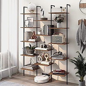 Tohomeor Triple Wide Bookshelf Wall Mounted 5-Tiers Ladder Book Shelf Industrial Wooden and Metal Bookshelf Open Display Storage Rack for Living Room Bedroom Home Office (Rustic Brown, Large)