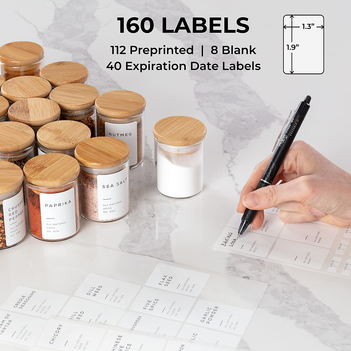 Bloomondo Empty Spice Jars with Label Pack (20x Bamboo Lid Glass Jar). Small 2.5oz Storage Bottles with 112 Printed Stickers and 48 Writable Pantry Labels for Seasoning Containers