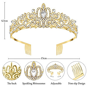Gold Crown, Crystal Tiaras Rhinestone Headbands for Women Happy Birthday Princess Crown with Combs Elegant Headdress Decorations for Christmas Bridal Wedding Prom Party Costumes Gifts