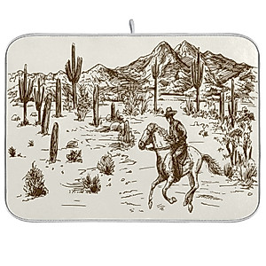 xigua Dish Drying Mat Western Desert Cowboy Absorbent Dry Mats for Dishes Draining Pad for Kitchen Countertop 16" x 18"