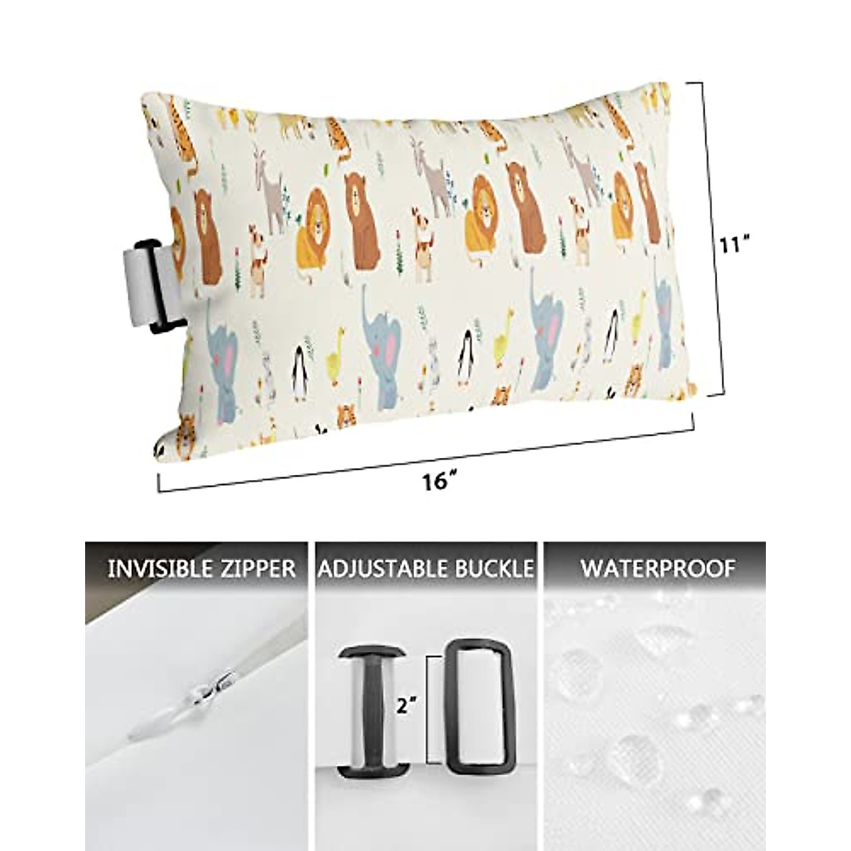 Recliner Head Pillow Ledge Loungers Chair Pillows with Insert Cute Cartoon Aanimals Tiger Lion Elephant Bear Penguin Lumbar Pillow with Adjustable Strap Patio Garden Cushion for Bench Couch, 2 PCS