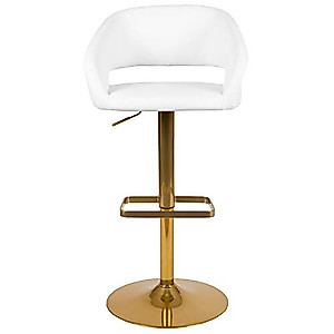 Flash Furniture Erik Contemporary Adjustable Height Barstool with Footrest and Rounded Mid-Back, Upholstered Bar or Counter Height Stool, White/Gold