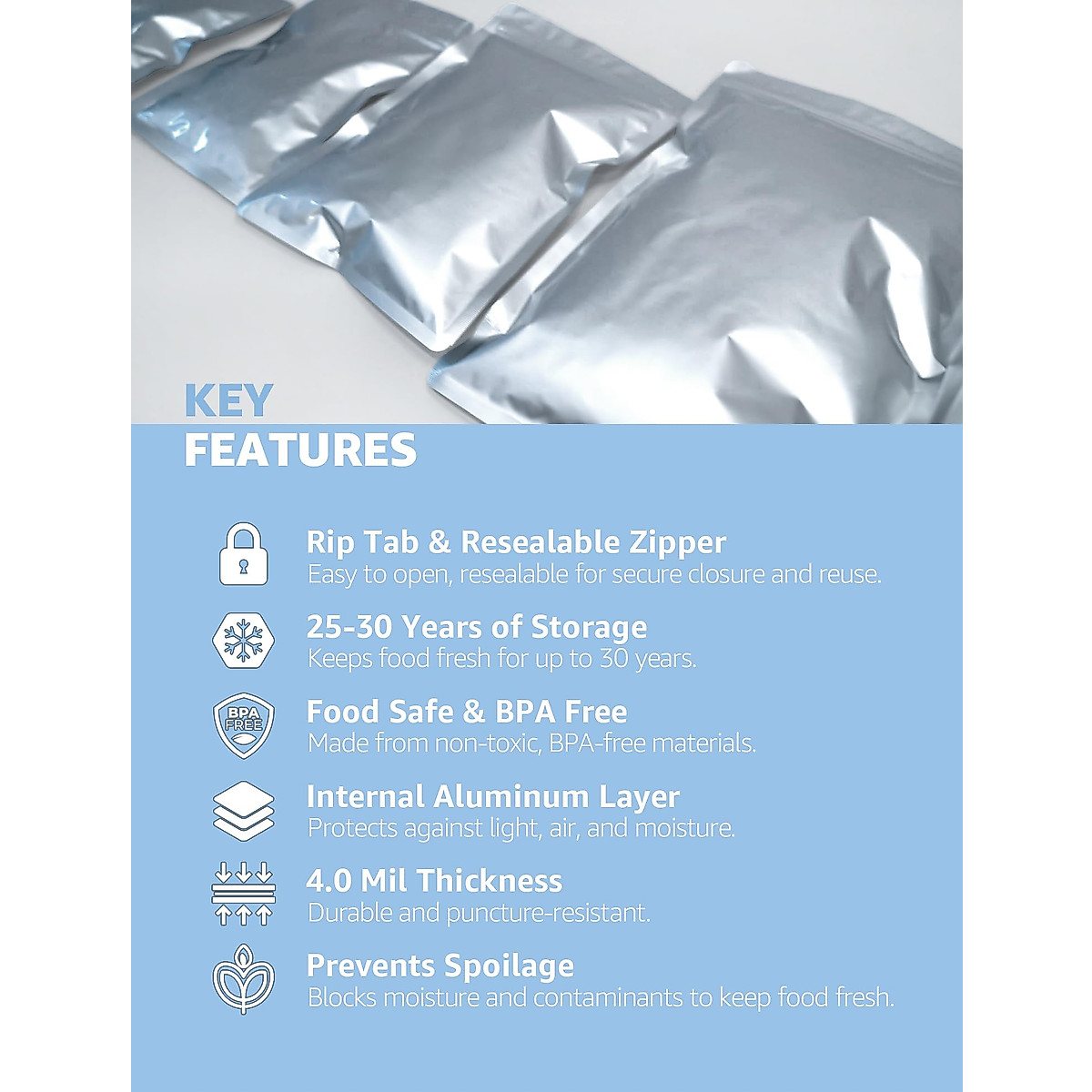 Mylar Bags for Food Storage 50pcs 6x9 with Resealable Zipper and Aluminum Foil Pouch