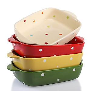 AVLA 4 Pack Porcelain Baking Dish, 7 Inch Ceramic Rectangular Small Baking Pan Baking Ramekin with Double Handles, 18 OZ Individual Baking Pans for Lasagna, Casserole Dish, Polka Dot