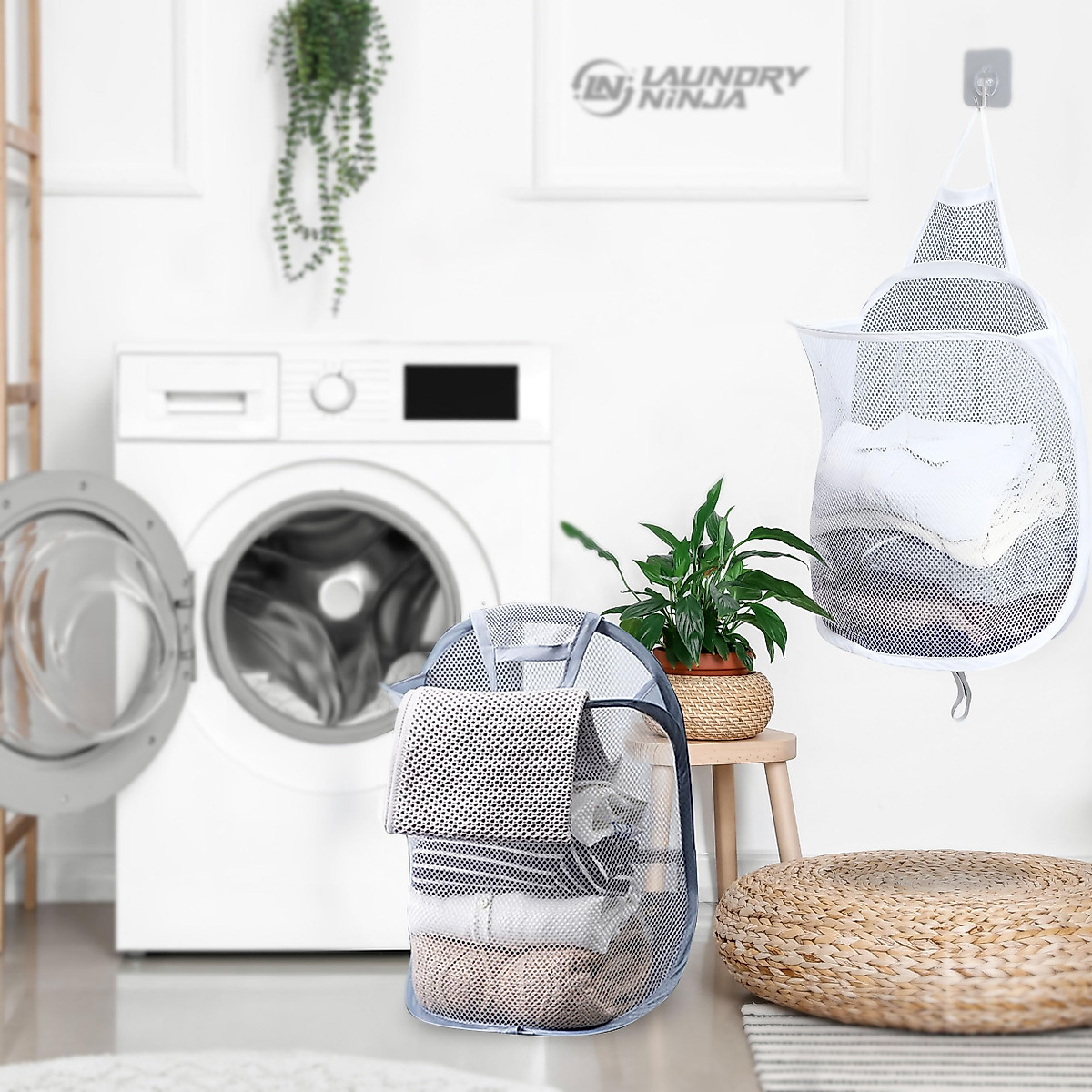 Laundry Ninja Hanging Laundry Hamper Laundry Hamper Separation Baskets, Mesh Laundry Bag, Hanging Hamper – Wall Mount Hamper Suitable for Clothes, Toys, and Good for Hotel Use in 2 pack (White&Gray)