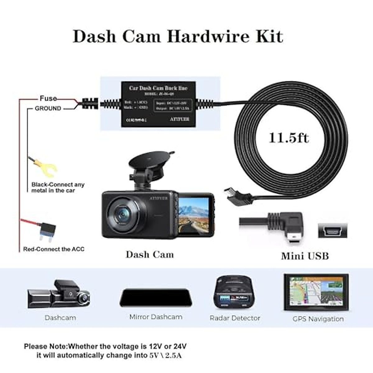 ATYFUER Dash Cam Hardwire Kit GPS Charger Cable GPS Navigator Charger Cable Mini USB Hard Wire Kit Dash Cam Power Cable for 12V Car and 24V Truck（11.5ft）