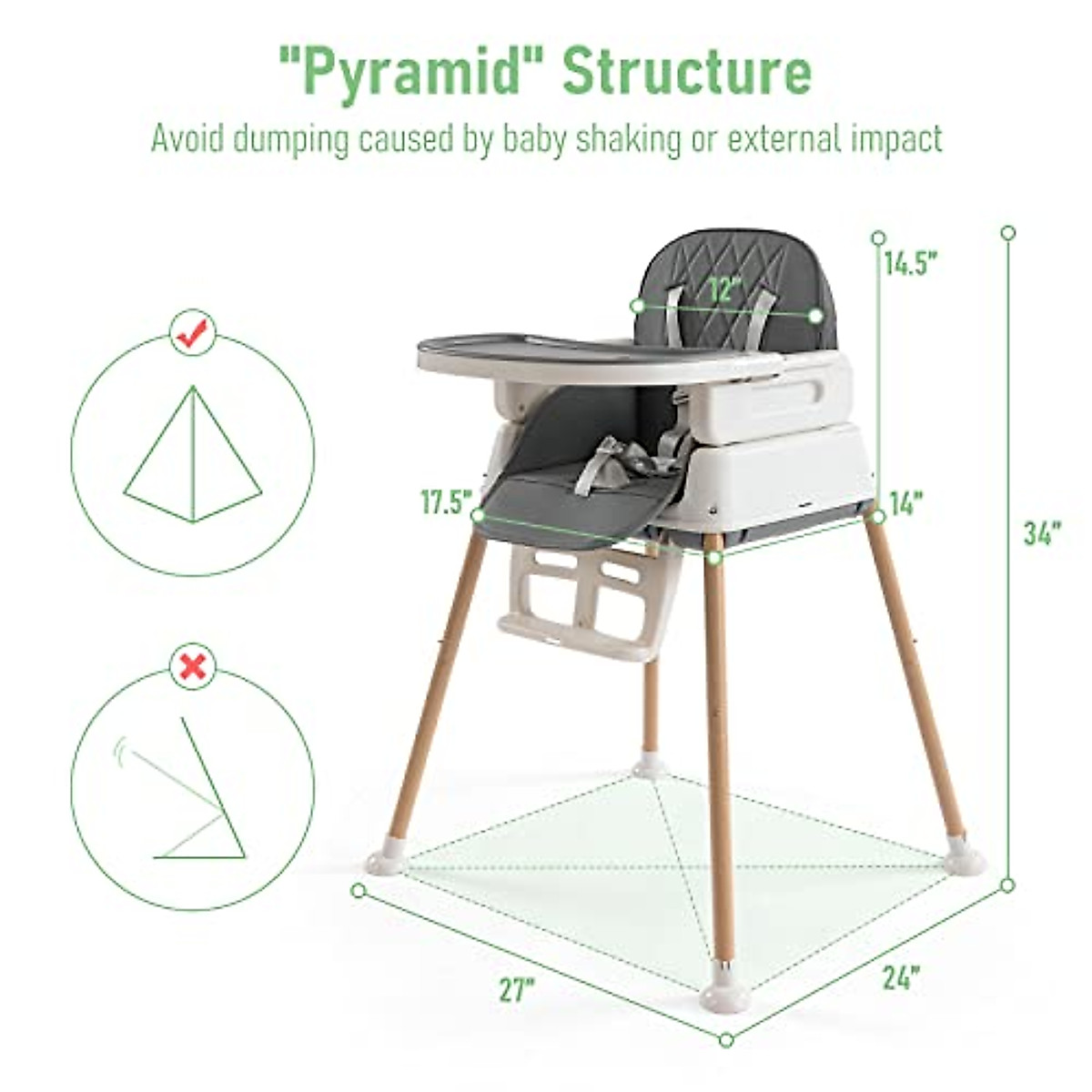 3 in 1 Baby High Chair, Portable High Chairs for Babies and Toddlers, Adjustable Convertible Infant Baby Feeding Chair Booster for Eating with Detachable Double Tray, 5 Point Harness, Footrest Gray