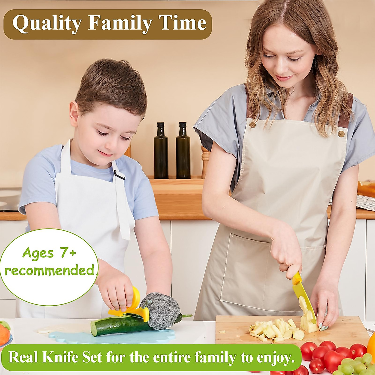 Kibbidea Kids Knife Set, 4-Piece Kids Cooking Sets Real, Stainless Steel Kids Kitchen Chef's Knives with Peeler, Finger Guard, Protective Glove for Cutting Peeling (Blue)