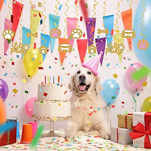Puppy Dog Party Decoration Let's Pawty Birthday Party Streamers Dog Paw Bday Party Hanging Swrils Decoration 24pcs Party Decor Banner Supplies, Assembled and Ready to Use