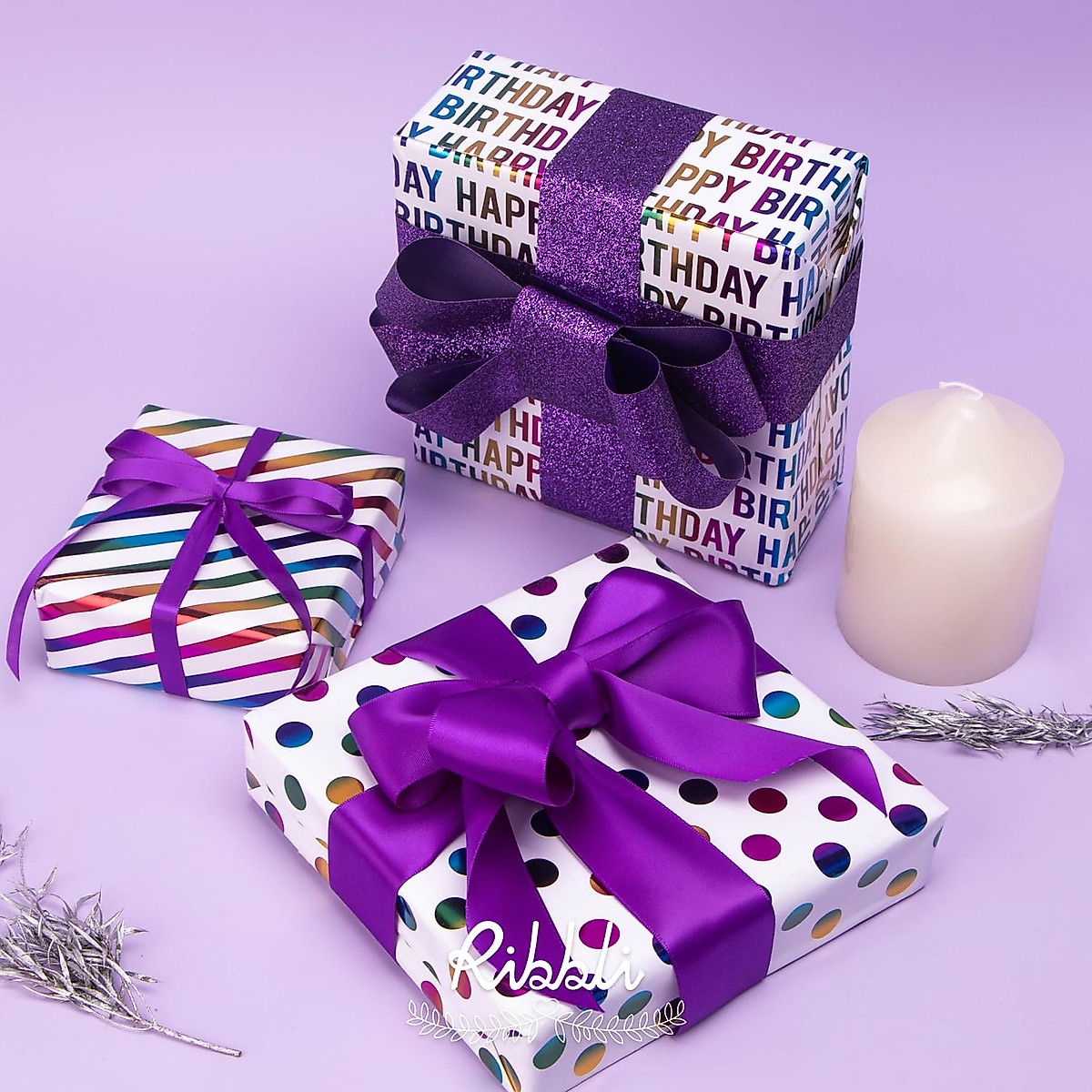 Ribbli Birthday Wrapping Paper Iridescent Gift Wrapping Paper Mini Roll, 3 Rolls Happy Birthday Polka Dots Stripes Printed Assortment - 17 inch x 120 inch(10feet) Per Roll