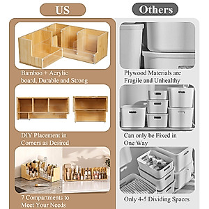 LUMAMU Bamboo Bathroom Organizer with Acrylic Panels, Corner Countertop Storage for Hair Dryer, Cosmetics, and Toiletries, Multipurpose Vanity Caddy for Home, Makeup, and Bathroom Essentials
