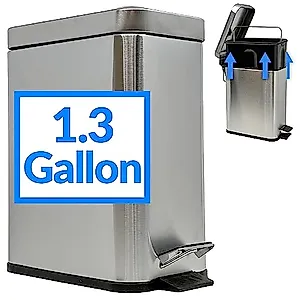Reli. Small Trash Can with Lid, 1.3 Gallon (5 Liter) | Stainless Steel (Silver) | Small Bathroom Trash Can | Step Pedal Garbage Can with Removable Bucket, Kitchen | Rectangular Metal Trash Bin