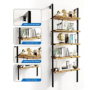 DKLGG 5-Tier Book Shelf Rack Against The Wall, Tall Ladder Shelf Wooden Bookcase Metal Frame Storage Plant and Flower, Single Standing Bookshelf Ladder ​for Living Room, Bedroom, Balcony, Home Office