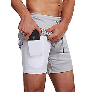 FLYFIREFLY Men's 2-in-1 Workout Running Shorts 7" Lightweight Gym Yoga Training Sport Short Pants Grey