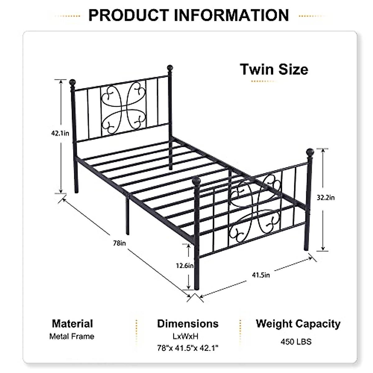 VECELO Twin Metal Platform Bed Frame Mattress Foundation with Iron-Art Headboard and Footboard, No Box Spring Needed, Noise-Free, Easy Assembly, Under Bed Storage