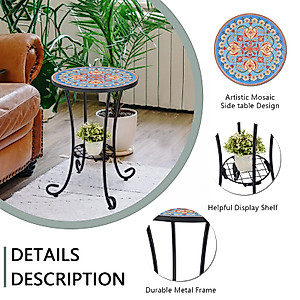 VCUTEKA Outdoor Side Table Mosaic Patio Table Accent Table Mosaic Tile Top Metal Frame Small End Table Porch Beach Patio Garden Balcony Blue 14''