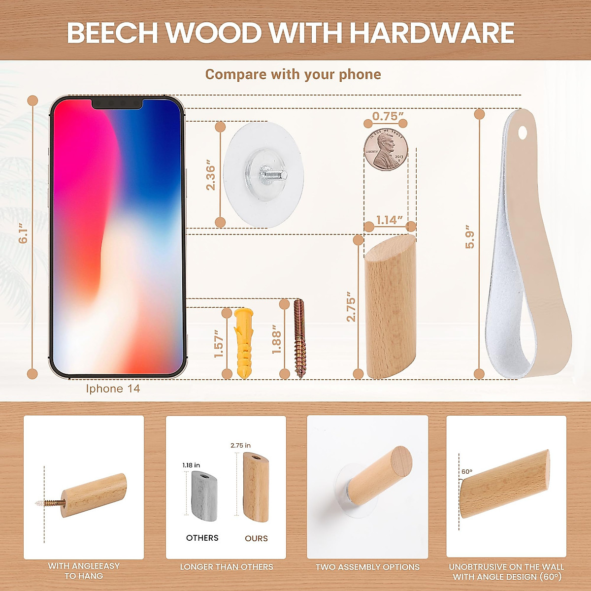 evory 5 Pack Wood Wall Hooks, Rustic Wooden Coat Hooks Wall Mount, No Damage Adhesive Hat Hooks for Wall, Decorative Coat Rack Hangers for Hanging Clothes Towels Guitar Backpacks Purses