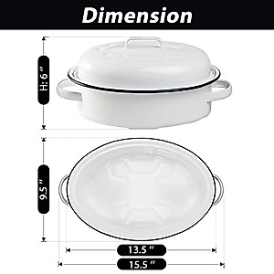 Webake Enameled Roasting Pan with Lid, Covered Roaster Pan Oval Pot Enamelware Cookware, 15.5 Inch, Vintage Farmhouse White